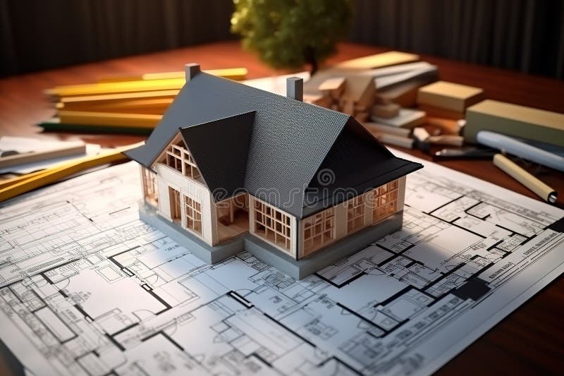A Wooden Model of a House Placed on a Construction Plan on an Architect ...