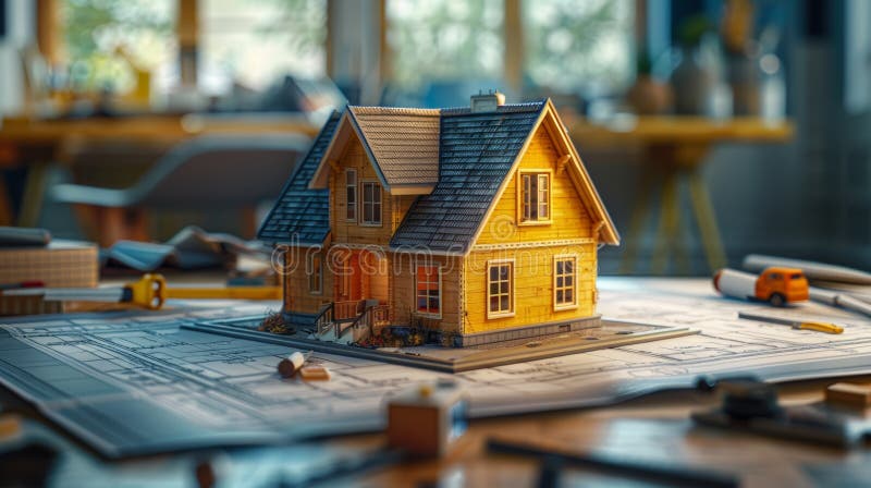 A Wooden Model House Sits on a Table Surrounded by Tools and Building ...