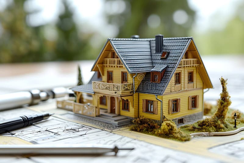 Wooden Model of a House on a Table with Drawings. Construction and ...