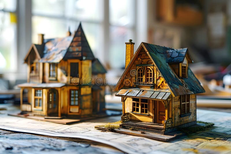 Wooden Model of a House on a Table with Drawings. Construction and ...