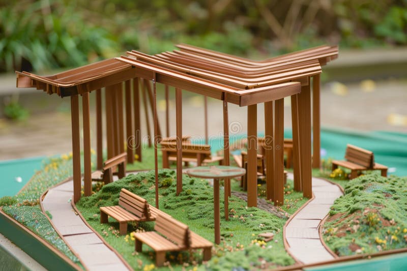 Wooden Model Pavilion on a Green Base with Benches and Paths Stock ...