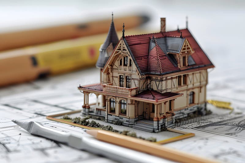 Wooden Model of a Residential Building on a Table with Drawings ...