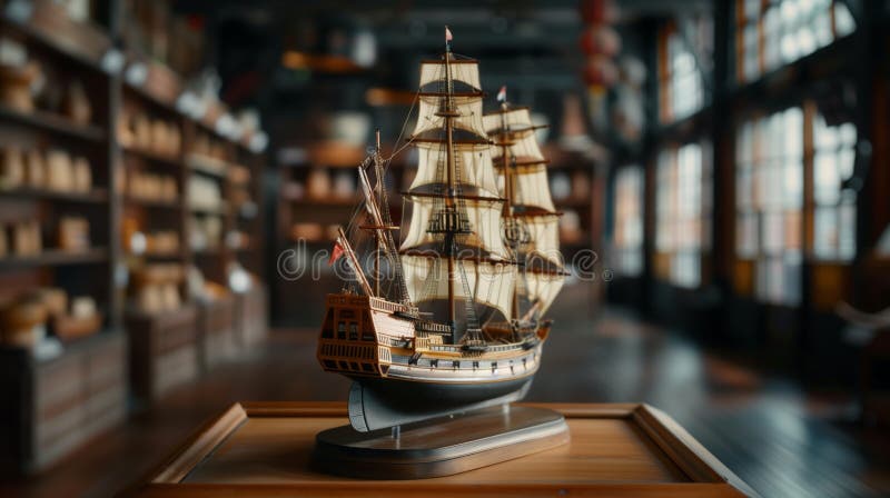 A Wooden Model Ship with Sails Displayed on a Wooden Platform in a ...