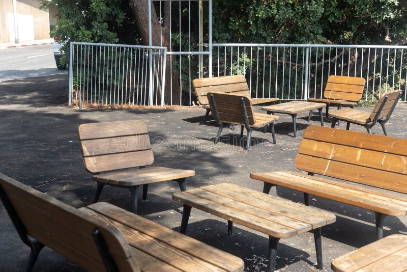 Wooden Modern Benches and Tables in Park in the Recreation Area Stock ...