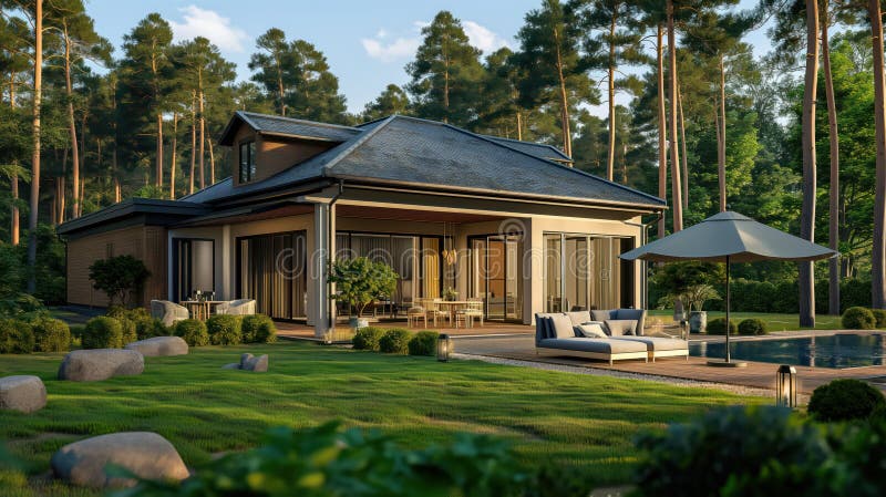 Wooden Modern Country House in the Summer Forest. Generative AI Stock ...