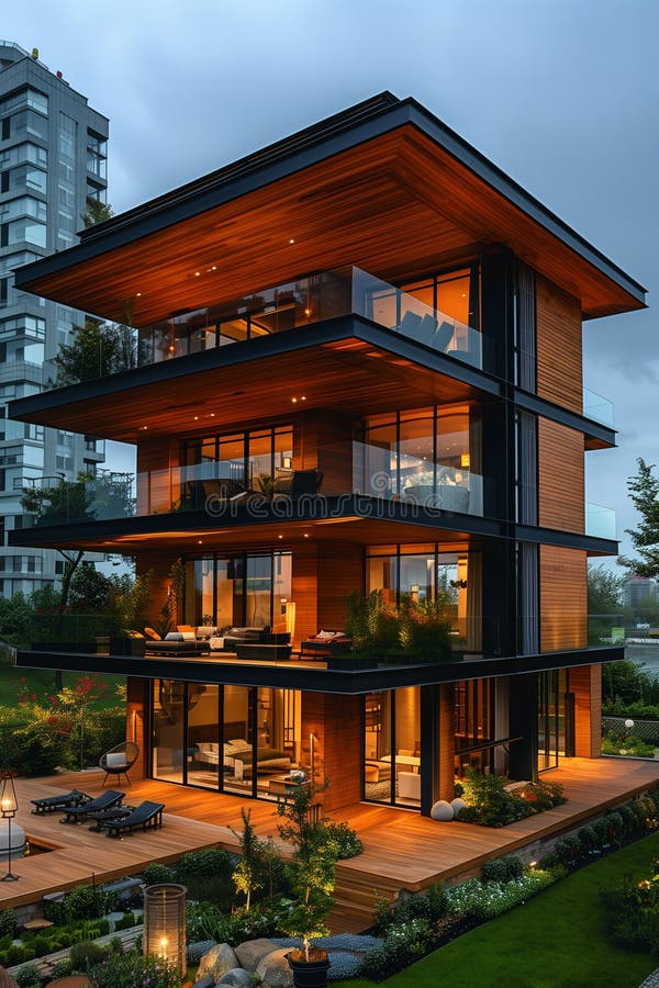 A Wooden Modern High Building Featuring Numerous Windows for Natural ...