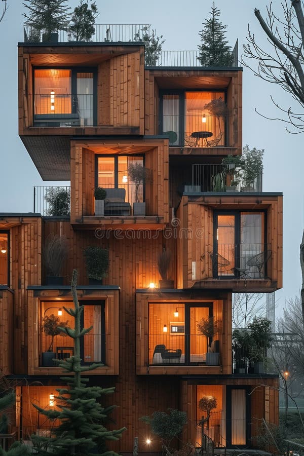 A Wooden Modern High Building with Lots of Windows Stock Image - Image ...