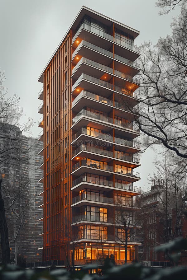 A Wooden Modern High Building with Multiple Windows Stock Image - Image ...