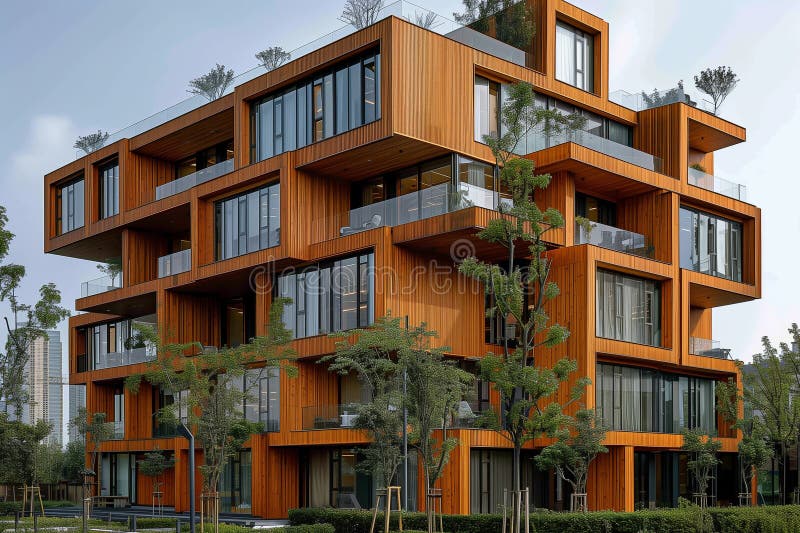 A Wooden Modern High-rise Building with Many Windows and Balconies ...