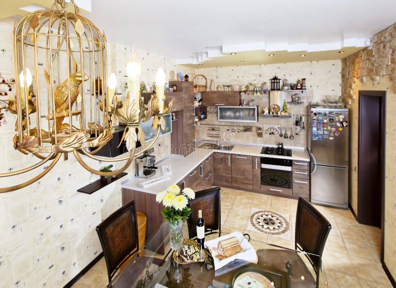 Wooden Modern Style Kitchen with Dinner Table and Beautiful Lamp Stock ...