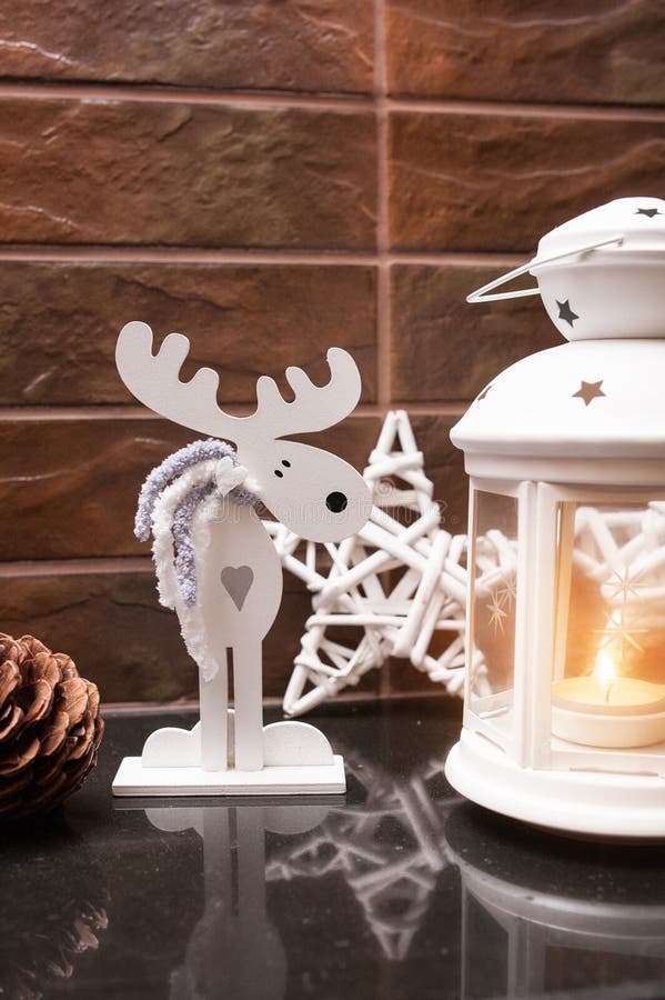 Wooden Moose and Candle Christmas Decorations Stock Image - Image of ...