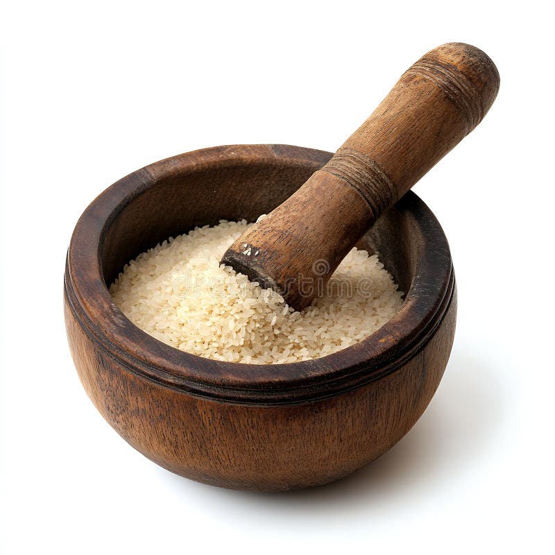 Wooden Mortar and Pestle with Uncooked White Rice Grains Stock ...