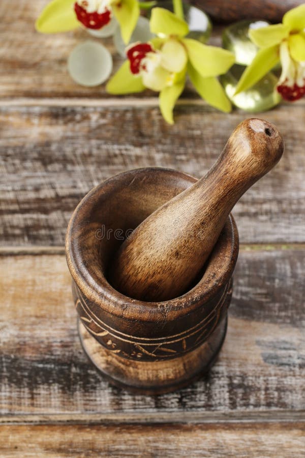 Wooden mortar on table stock photo. Image of relaxation - 172279872