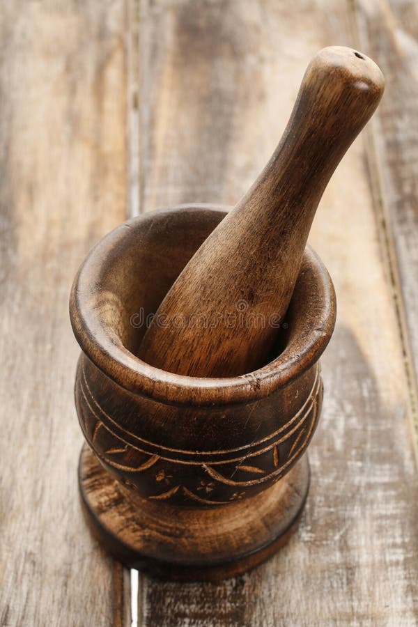 Wooden mortar on table stock image. Image of brown, treatment - 172280893
