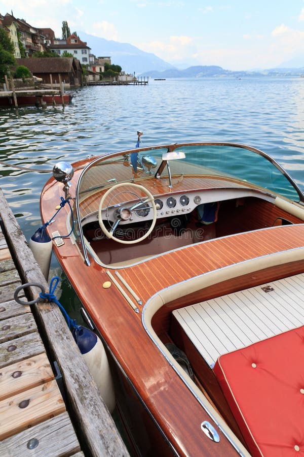 Wooden Motor Boat on Alpine Lake Stock Photo - Image of lonely, boating ...