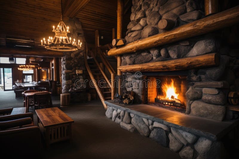 A Wooden Mountain Lodge with a Stone Fireplace Stock Image - Image of ...