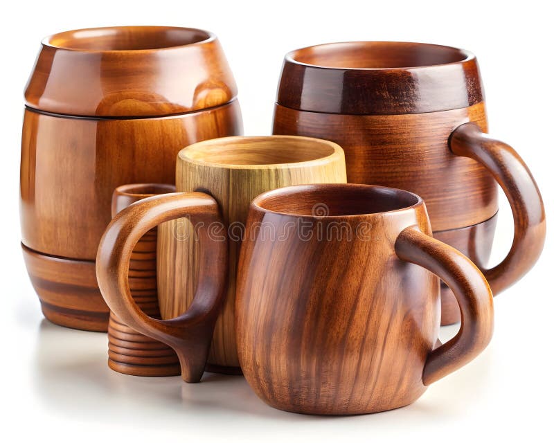 Wooden Mugs and Pitchers Rustic Kitchenware Collection Stock ...