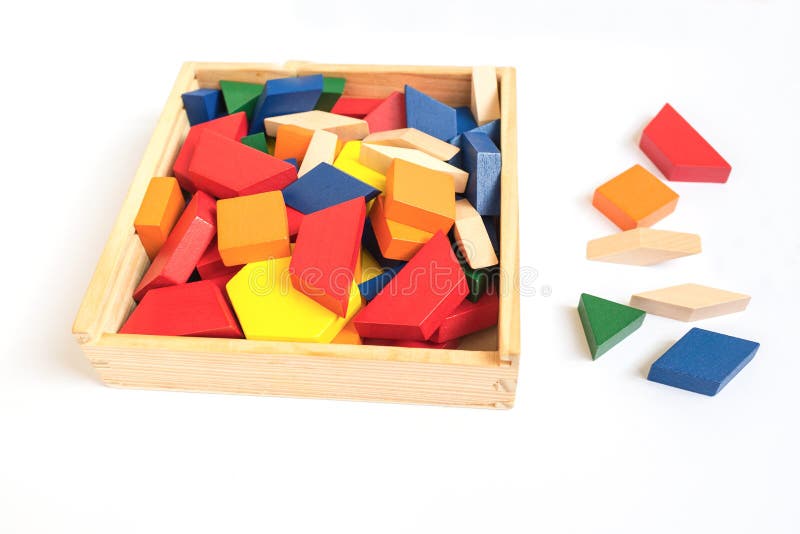 Wooden Multi-colored Blocks in a Wooden Box on a White Background Stock ...