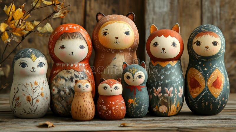 Wooden Animal Matryoshka Dolls on Wooden Surface Stock Illustration ...
