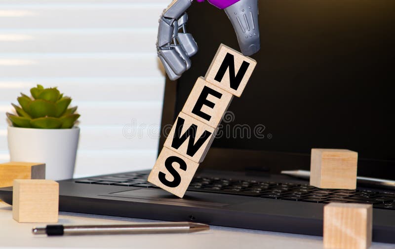Wooden News Sign on a Table in an Office Stock Photo - Image of press ...