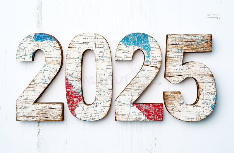 Wooden Numbers 2025 Decorated with Map Design Symbolizing Future Plans ...