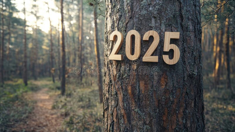 Wooden 2025 Numbers on Tree Trunk in Forest for New Years Greeting ...