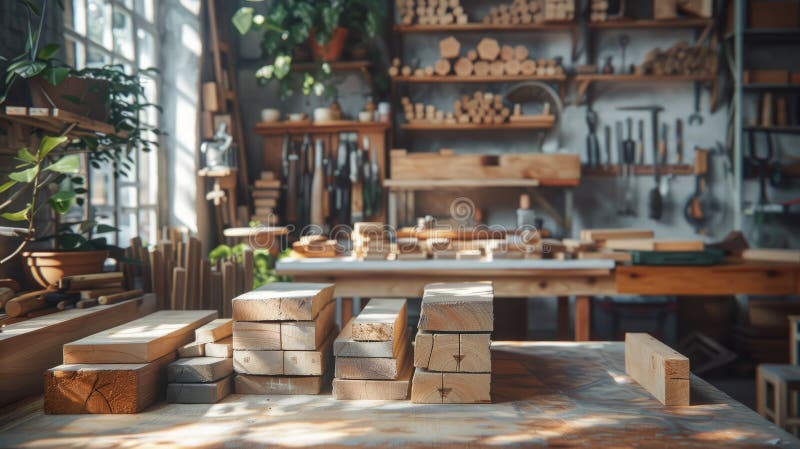 Wooden Objects on a Workbench in a Sunny Workshop. Stock Photo - Image ...