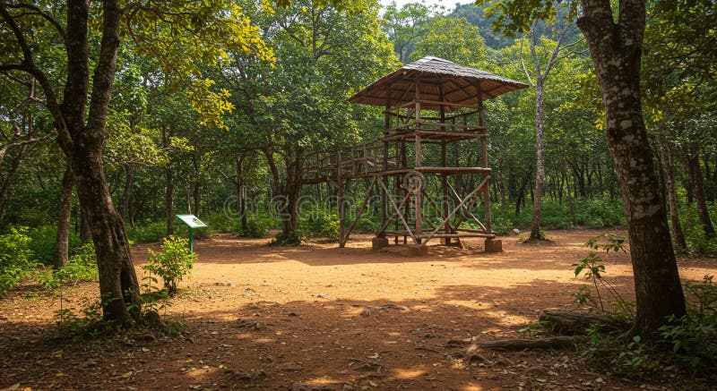 Wooden Observation Tower Stands in a Forest Clearing, Surrounded by ...
