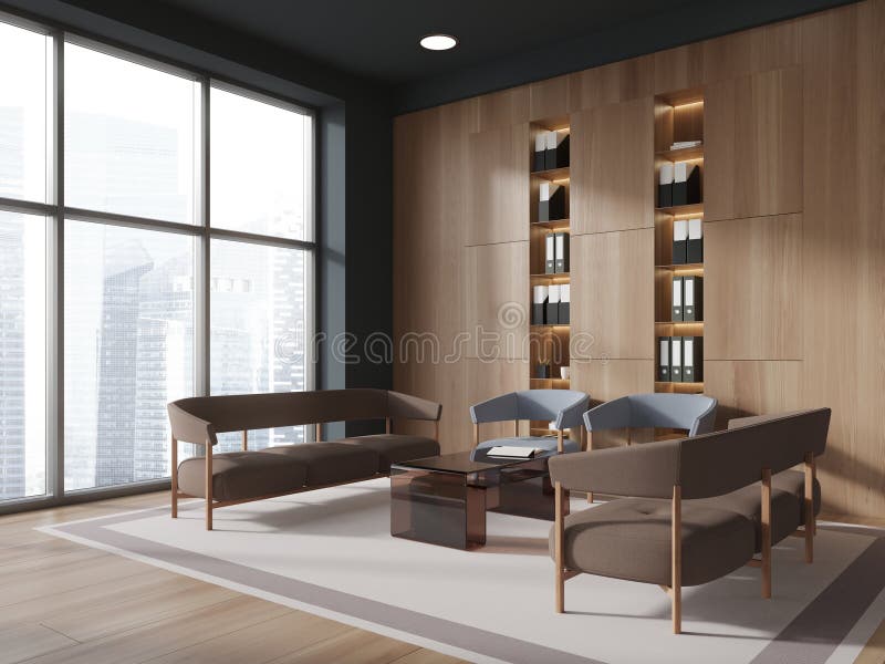 Wooden Office Chill Space Interior with Couch and Armchairs, Window ...