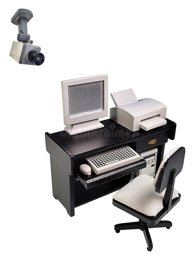 Office Desk with Computer and Printer and a Security Camera Overhead ...