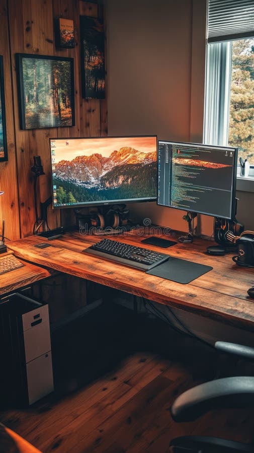 Wooden office desk setup stock illustration. Illustration of estate ...