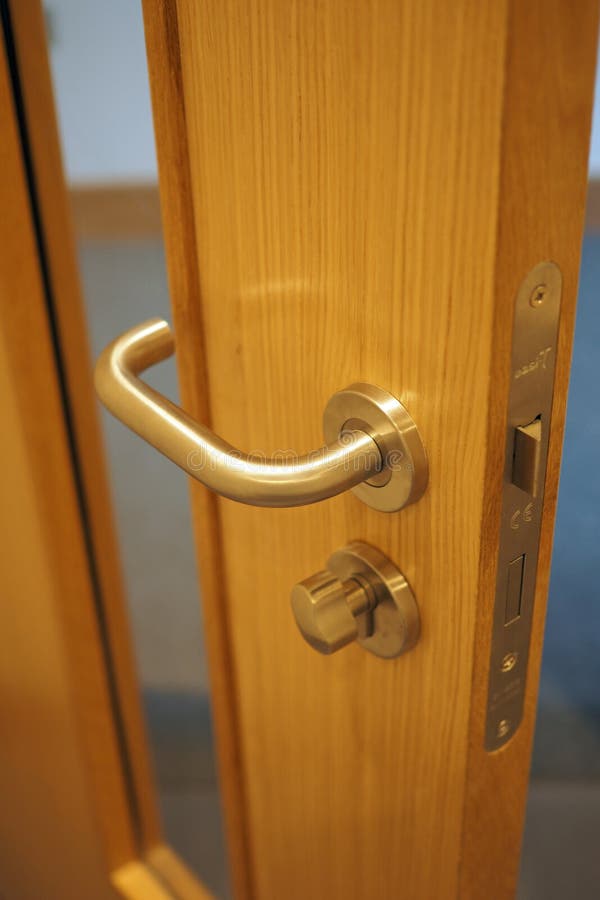 Wooden Office Door with Vision Glass and Chrome Door Handle Stock Photo ...