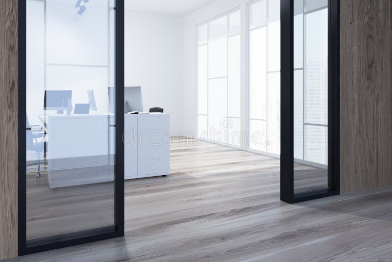 Wooden office, open door stock illustration. Illustration of furniture ...