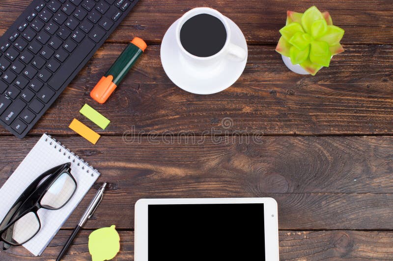 Wooden Office Table with Computer, Pen and a Cup of Coffee, Lot of ...