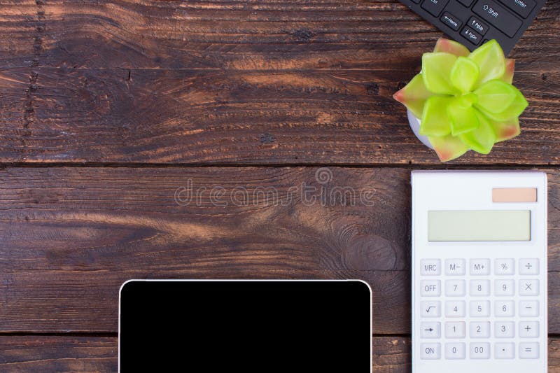 Wooden Office Table with Computer, Pen and a Cup of Coffee, Lot of ...