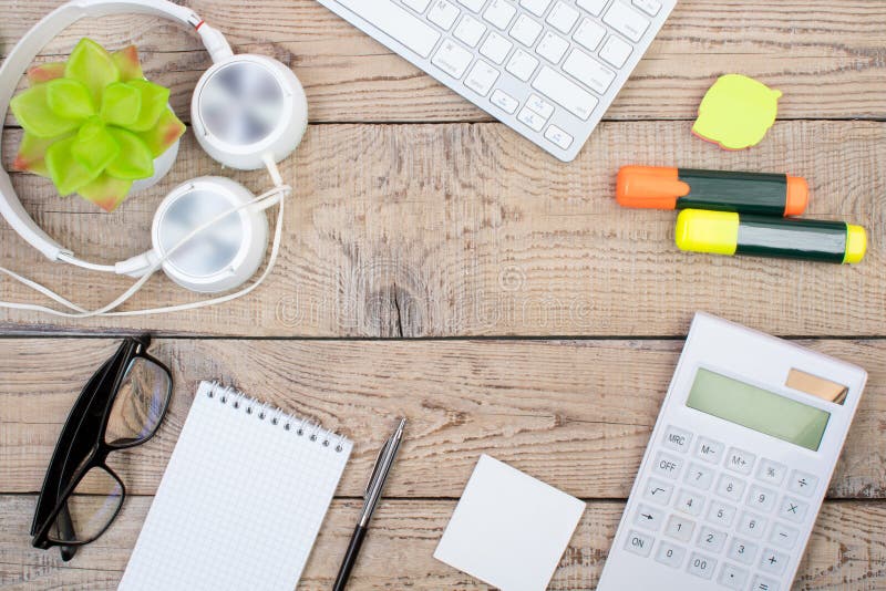 Wooden Office Table with Computer, Pen and a Cup of Coffee, Lot of ...