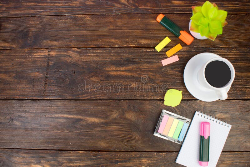 Wooden Office Table with Computer, Pen and a Cup of Coffee, Lot of ...