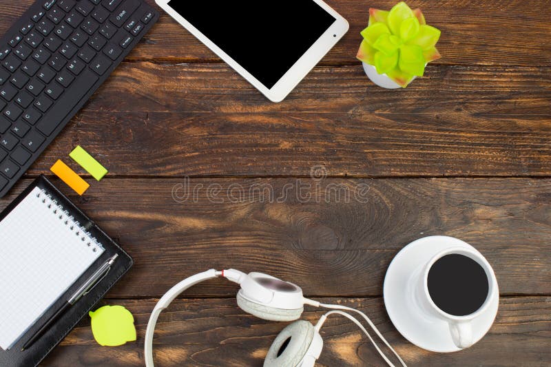 Wooden Office Table with Computer, Pen and a Cup of Coffee, Lot of ...