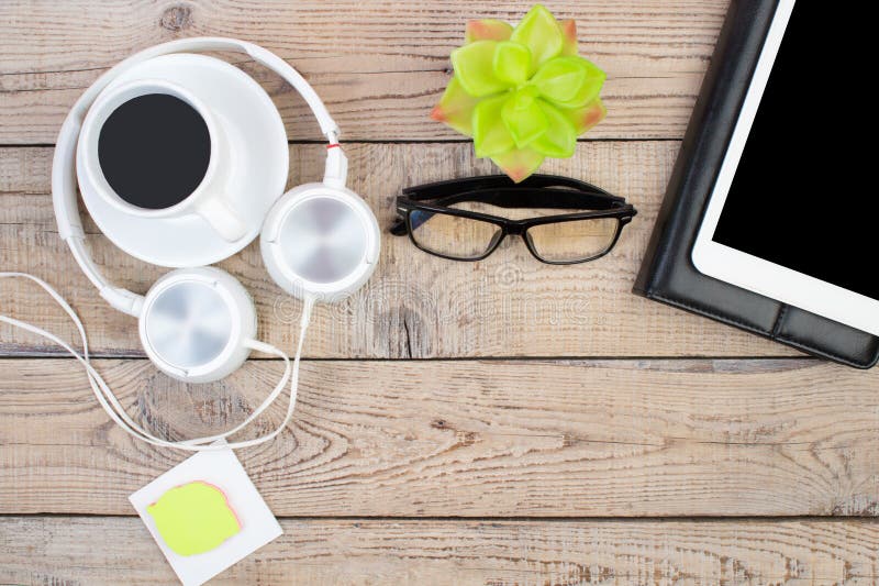 Wooden Office Table with Computer, Pen and a Cup of Coffee, Lot of ...