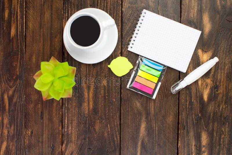 Wooden Office Table with Computer, Pen and a Cup of Coffee, Lot of ...