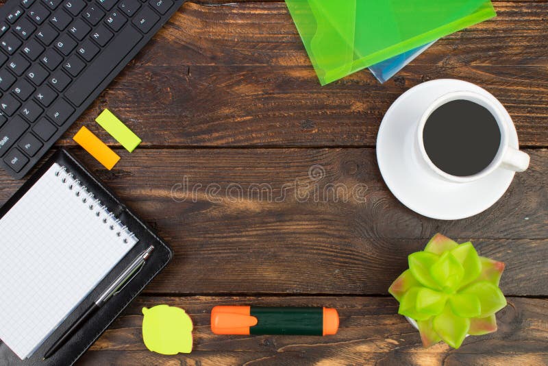 Wooden Office Table with Computer, Pen and a Cup of Coffee, Lot of ...