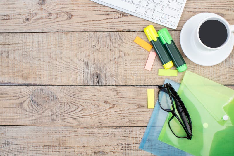Wooden Office Table with Computer, Pen and a Cup of Coffee, Lot of ...