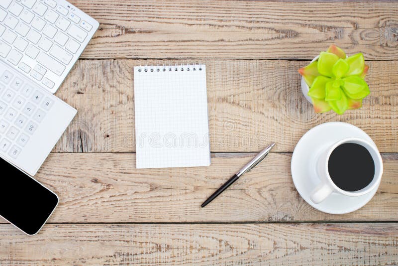 Wooden Office Table with Computer, Pen and a Cup of Coffee, Lot of ...