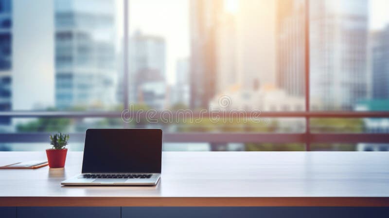 Wooden Office Table in a Minimalist Interior with a Laptop, Empty Space ...