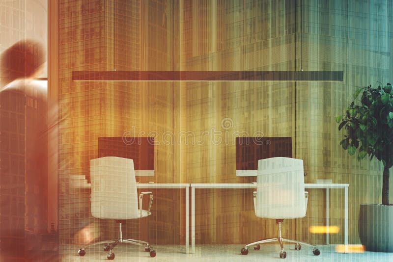 Wooden Office, Two Computers, Front, People Stock Image - Image of ...