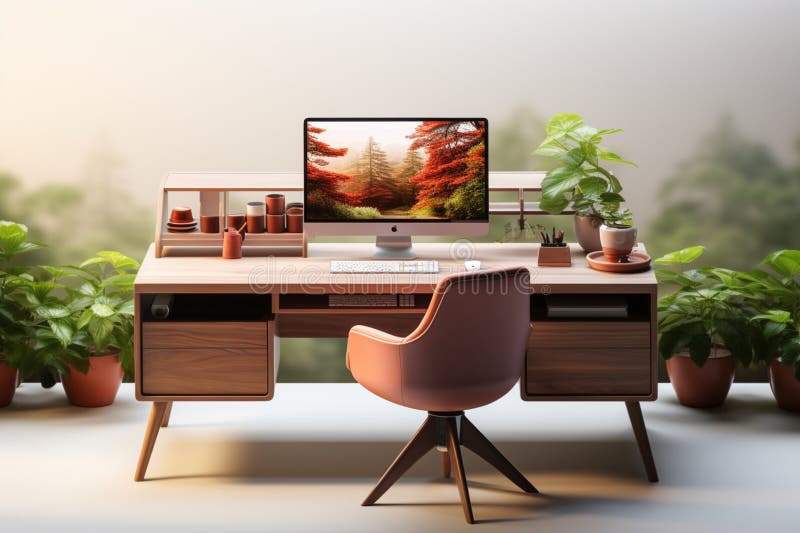 Wooden Office Workstation on White Background Stock Illustration ...