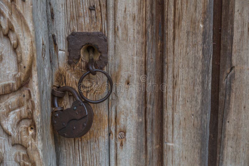 Wooden Old Door with Lock and Wall. Background Stock Image - Image of ...