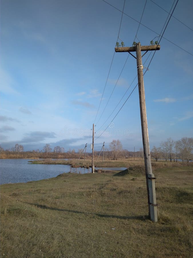 Wooden Old Pole Power Line with High-voltage Wires Stock Photo - Image ...