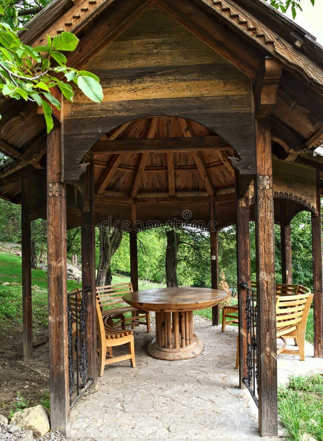 Wooden Open Hut with Table and Benches for Relaxing in Park Stock Image ...