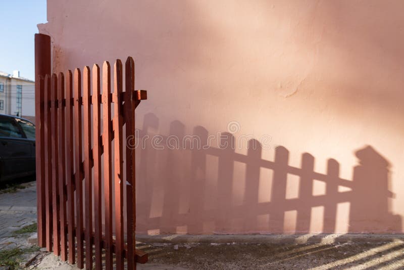 Wooden Open Gate, Pink Old Wall with Sun and Shadow Stock Photo - Image ...